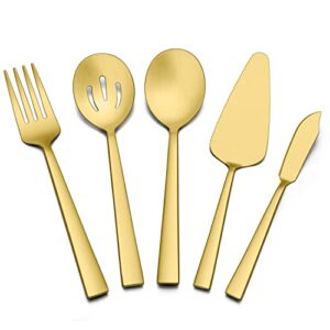 Gold Serving Utensil Set of 5, E-far Metal Matte Golden Catering Serving Utensils, Stainless Steel Square Edge Hostess Serving Set for Buffet Party Kitchen Restaurant, Non-toxic & Dishwasher Safe