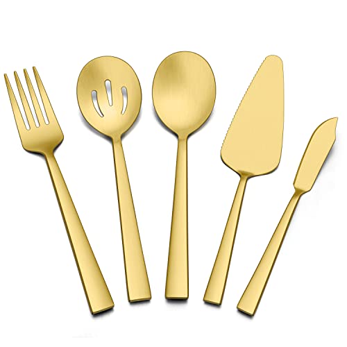 Gold Serving Utensil Set of 5, E-far Metal Matte Golden Catering Serving Utensils, Stainless Steel Square Edge Hostess Serving Set for Buffet Party Kitchen Restaurant, Non-toxic & Dishwasher Safe