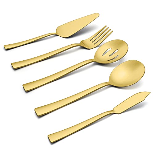 Gold Serving Utensil Set of 5, E-far Metal Matte Golden Catering Serving Utensils, Stainless Steel Square Edge Hostess Serving Set for Buffet Party Kitchen Restaurant, Non-toxic & Dishwasher Safe