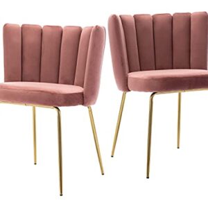 DM Furniture Velvet Dining Chairs Set of 2 Modern Accent Chair Upholstered Side Chair with Gold Metal Legs for Home Kitchen Living Room, Pink