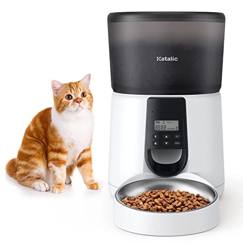 Automatic Cat Feeders, Katalic Clog-Free 4L Cat Food Dispenser with Sliding Lock Lid Storage Timed Feeder for Cat and Dogs with Voice Recorder, Programmable Meal & Portion