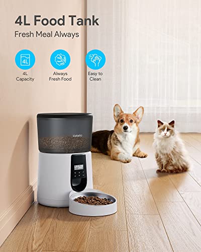 Automatic Cat Feeders, Katalic Clog-Free 4L Cat Food Dispenser with Sliding Lock Lid Storage Timed Feeder for Cat and Dogs with Voice Recorder, Programmable Meal & Portion