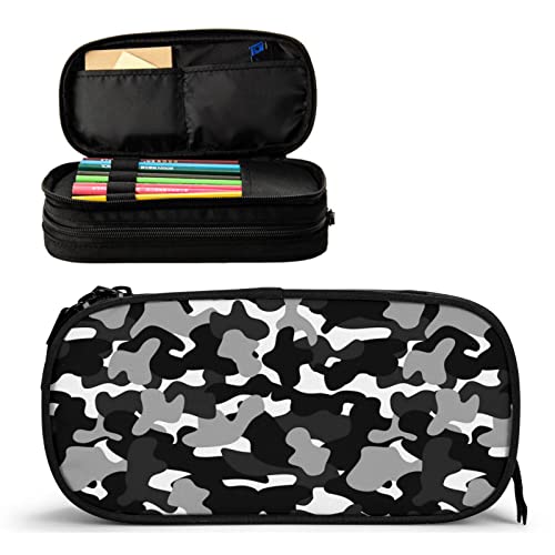 Camo Pencil Case Box, Large Capacity Black Pencil Bag Pouch Marker Organizer with 2 Compartments & Durable Zipper, Cool Stationary for Primary Middle High School College Office