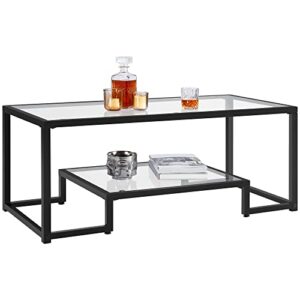 yaheetech coffee table, tempered glass coffee table, modern simple center table w/geometric-inspired design & metal-frame & easy assembly & open storage shelf for living room, office, black