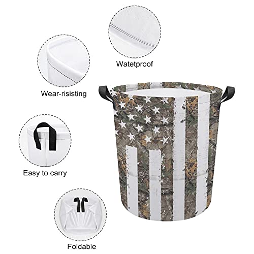 Camouflage Camo Tree American Flag Laundry Hamper Laundry Basket Dirty Clothes Bag Foldable Bucket Washing Bin Toys Storage Organizer for College Dorms, Kids Bedroom,Bathroom