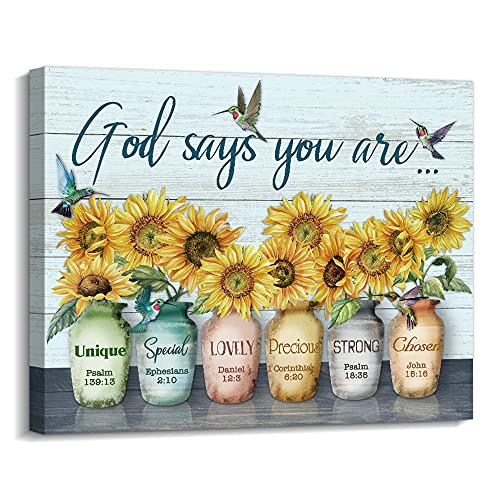 Kas Home God Says You are Canvas Wall Art Hummingbird Sunflower Positive Quotes Farmhouse Wall Decor for Home Office Apartment Paintings Ready to Hang (11.6 x 13.7 inch, Blue - God)