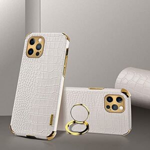 aowner compatible with iphone 12 pro max ring holder case luxury crocodile cover gold edge 360 degree rotation stand for women girls slim leather snake lizard skin protective cover case, 6.7 inch