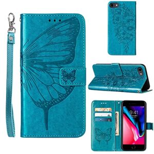 compatible for iphone 8 wallet case,iphone 7 case,iphone se 2022 case,iphone se 2020 case,6/6s case,[kickstand][wrist strap][card holder slots] butterfly floral embossed pu leather flip cover (blue)