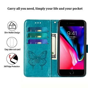 Compatible for iPhone 8 Wallet Case,iPhone 7 Case,iPhone SE 2022 Case,iPhone SE 2020 Case,6/6S Case,[Kickstand][Wrist Strap][Card Holder Slots] Butterfly Floral Embossed PU Leather Flip Cover (Blue)