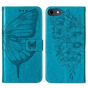 Compatible for iPhone 8 Wallet Case,iPhone 7 Case,iPhone SE 2022 Case,iPhone SE 2020 Case,6/6S Case,[Kickstand][Wrist Strap][Card Holder Slots] Butterfly Floral Embossed PU Leather Flip Cover (Blue)