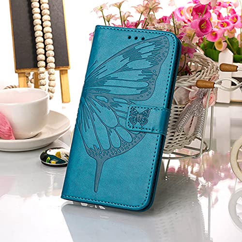 Compatible for iPhone 8 Wallet Case,iPhone 7 Case,iPhone SE 2022 Case,iPhone SE 2020 Case,6/6S Case,[Kickstand][Wrist Strap][Card Holder Slots] Butterfly Floral Embossed PU Leather Flip Cover (Blue)