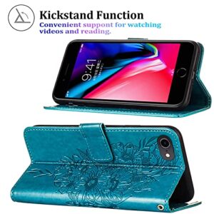 Compatible for iPhone 8 Wallet Case,iPhone 7 Case,iPhone SE 2022 Case,iPhone SE 2020 Case,6/6S Case,[Kickstand][Wrist Strap][Card Holder Slots] Butterfly Floral Embossed PU Leather Flip Cover (Blue)