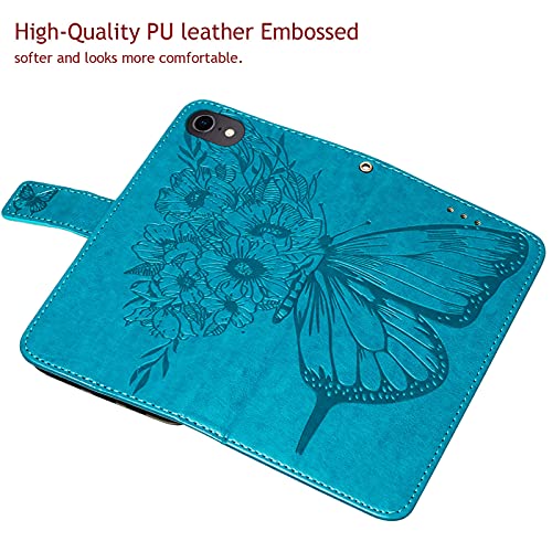 Compatible for iPhone 8 Wallet Case,iPhone 7 Case,iPhone SE 2022 Case,iPhone SE 2020 Case,6/6S Case,[Kickstand][Wrist Strap][Card Holder Slots] Butterfly Floral Embossed PU Leather Flip Cover (Blue)