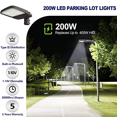 CINOTON 200W LED Parking Lot Pole Lighting-UL Listed, 28000LM Waterproof IP65 LED Parking Lot Lights with Slip Fit Mount, Dusk to Dawn Photocell 5000K Daylight 140 LM/W LED Shoebox Area Light