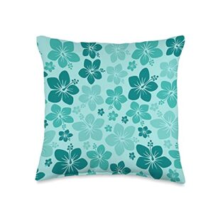 teal hawaiian hibiscus flower decorations teal hibiscus tropical floral hawaiian flowers throw pillow, 16x16, multicolor