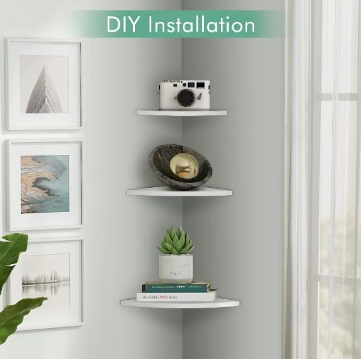 Tyenaza Floating Corner Shelves, White Corner Mounting Shelf,Set of 3 Floating Wall Mounted Storage Shelf for Living Room, Bedroom, Bathroom, Kitchen, Office