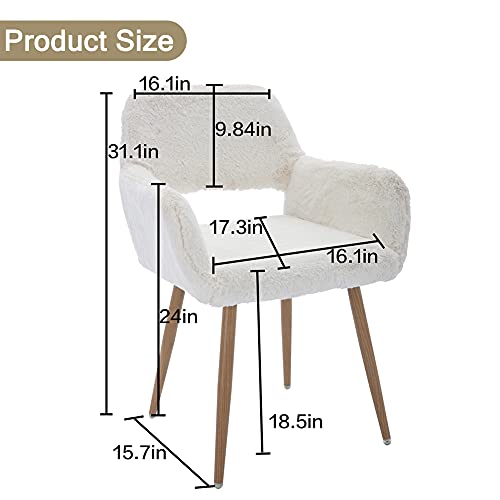 Goujxcy Elegant White Flurry Desk Chair for Girls Women, Modern Faux Fur Vanity Chair Makeup Chair with Armrest, Comfy Fuzzy Home Office Desk Chair with Meta Leg for Living Room,Bedroom