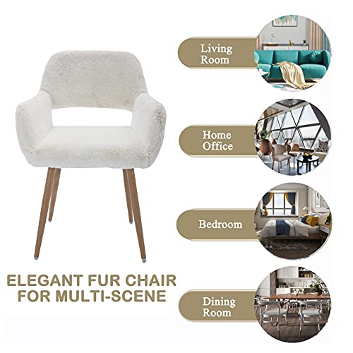 Goujxcy Elegant White Flurry Desk Chair for Girls Women, Modern Faux Fur Vanity Chair Makeup Chair with Armrest, Comfy Fuzzy Home Office Desk Chair with Meta Leg for Living Room,Bedroom