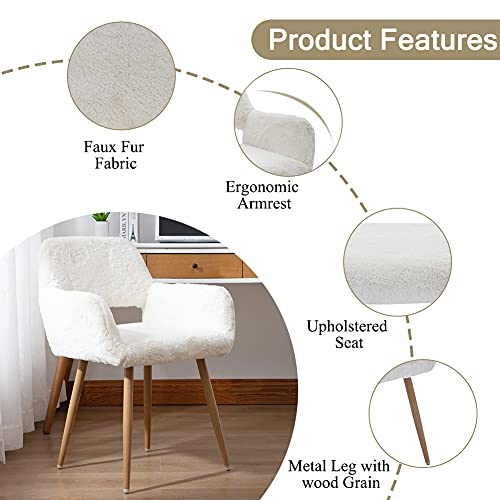 Goujxcy Elegant White Flurry Desk Chair for Girls Women, Modern Faux Fur Vanity Chair Makeup Chair with Armrest, Comfy Fuzzy Home Office Desk Chair with Meta Leg for Living Room,Bedroom