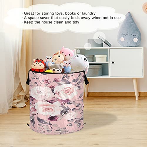 xigua Blooming Pink Flower Popup Laundry Hamper, Foldable Portable Dirty Clothes Basket with Zipper Lid, Dirty Clothes Hamper for Bedroom, Kids Room, Dormitory