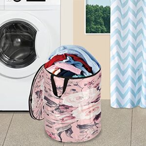 xigua Blooming Pink Flower Popup Laundry Hamper, Foldable Portable Dirty Clothes Basket with Zipper Lid, Dirty Clothes Hamper for Bedroom, Kids Room, Dormitory