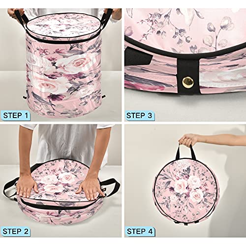 xigua Blooming Pink Flower Popup Laundry Hamper, Foldable Portable Dirty Clothes Basket with Zipper Lid, Dirty Clothes Hamper for Bedroom, Kids Room, Dormitory