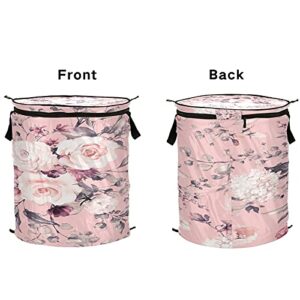 xigua Blooming Pink Flower Popup Laundry Hamper, Foldable Portable Dirty Clothes Basket with Zipper Lid, Dirty Clothes Hamper for Bedroom, Kids Room, Dormitory