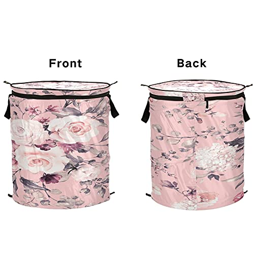 xigua Blooming Pink Flower Popup Laundry Hamper, Foldable Portable Dirty Clothes Basket with Zipper Lid, Dirty Clothes Hamper for Bedroom, Kids Room, Dormitory