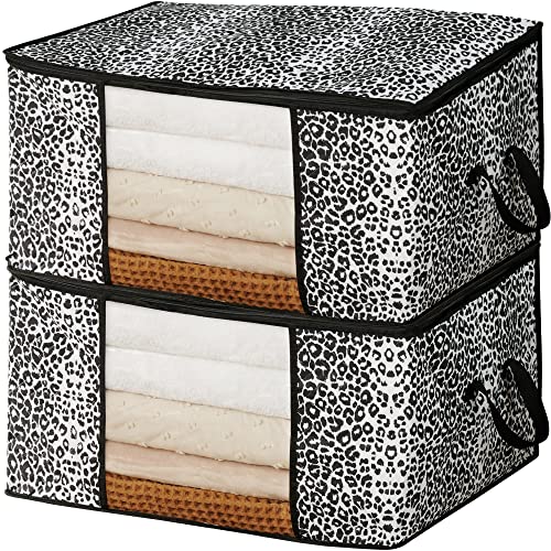 CLOZZERS Large Organization and Storage Bag with Reinforced Handles, Clear Window, and Sturdy Zipper. For Clothing, Comforters, and Bedding, Dorm Room Organizer Set of 2 - Animal Print Black