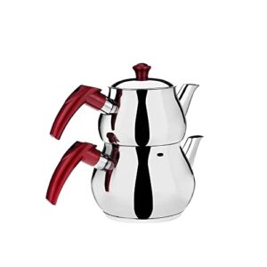 destalya turkish teapot set, stainless steel double tea pots for stove top, tea maker with strainer, samovar style tea kettle, water heater warmer (mini with red handles)