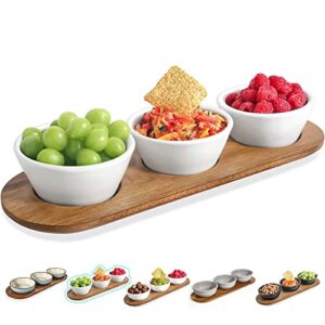 artena 10oz ultra-fine porcelain chips and dip serving platter with acacia wooden tray, 4.75inch white dipping bowls,small serving bowls for condiments, side dishes, pre, dessert, salsa, entertaining