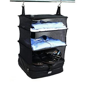 Zqyuboo Portable Hanging Travel, 3-Shelf Hanging Closet Organizer, Collapsible Hanging Closet Shelves, Hanging Organizer for Closet & RV, Large (Black)