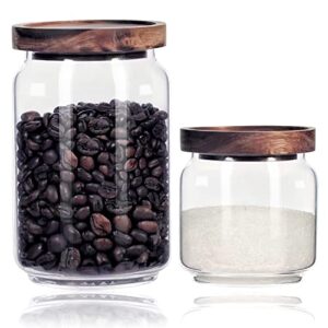 vensp clear borosilicate glass storage jars with airtight wooden lids,set of 2-19/29oz,glass kitchen storage jar canisters, sealed jars for sugar salt,glass loose tea storage holder container