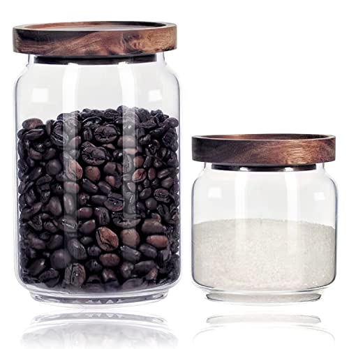 Vensp Clear Borosilicate Glass Storage Jars with Airtight Wooden Lids,Set of 2-19/29oz,Glass Kitchen Storage Jar Canisters, Sealed Jars For Sugar Salt,Glass Loose Tea Storage Holder Container