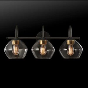 Globe Electric 51853 3-Light Vanity Light, Dark Bronze, Antique Brass Accents, Clear Glass Shade, Beauty Room Accessories, Bathroom Lights Over Mirror, Makeup Mirror Lights, Home Improvement