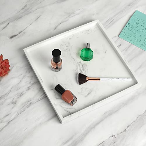 JURUIYUAN Dressing Table Tray Decoration Cosmetic Storage Box Square Resin and Natural Crystal Sand Synthetic one-Piece Imitation Marble 100 Handmade Bathroom Tray (白色)