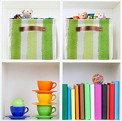 TSENQUE Large Storage Bins, Striped Lime Green Storage Cube Box, Foldable Toy Clothes Storage Baskets for Pantry