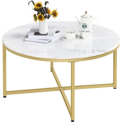 Yaheetech Modern Marble Coffee Table, Faux Accent Round Table Cocktail Table w/X-Base & Sturdy Metal Legs & Protective Foot Pads for Living Room, Mustard Gold