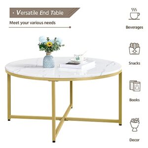 Yaheetech Modern Marble Coffee Table, Faux Accent Round Table Cocktail Table w/X-Base & Sturdy Metal Legs & Protective Foot Pads for Living Room, Mustard Gold