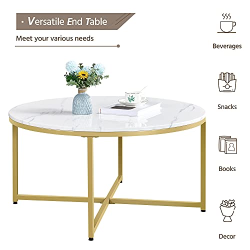 Yaheetech Modern Marble Coffee Table, Faux Accent Round Table Cocktail Table w/X-Base & Sturdy Metal Legs & Protective Foot Pads for Living Room, Mustard Gold