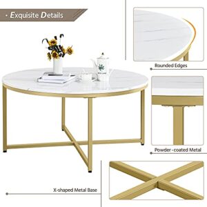 Yaheetech Modern Marble Coffee Table, Faux Accent Round Table Cocktail Table w/X-Base & Sturdy Metal Legs & Protective Foot Pads for Living Room, Mustard Gold