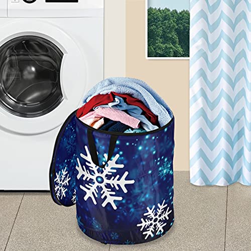 DOMIKING Christmas New Year Winter Snowflakes Popup Laundry Hamper with Handles Collapsible Laundry Basket Portable Storage Organizer for College Dorm Travel Kids Rooms