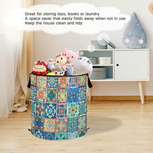 xigua Mexican Talavera Round Laundry Basket with Lid, Waterproof Clothes Toy Storage Basket Nursery Hamper with Handles for Laundry Room, Bathroom, Bedroom, Dorm, Kids Room