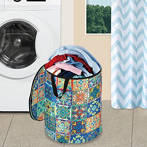 xigua Mexican Talavera Round Laundry Basket with Lid, Waterproof Clothes Toy Storage Basket Nursery Hamper with Handles for Laundry Room, Bathroom, Bedroom, Dorm, Kids Room