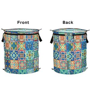 xigua Mexican Talavera Round Laundry Basket with Lid, Waterproof Clothes Toy Storage Basket Nursery Hamper with Handles for Laundry Room, Bathroom, Bedroom, Dorm, Kids Room