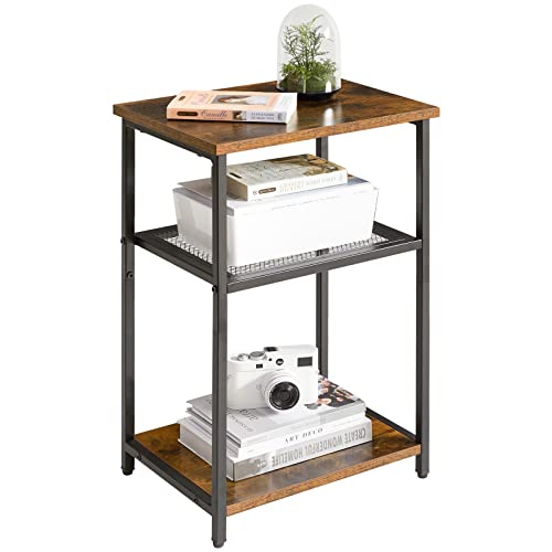 IBUYKE Side Table,3-Tier End Table, Industrial Nightstand Small Table with Storage Shelf, for Bedroom, Living Room, Hallway, with Metal Frame,Rustic Brown UTMJ403H