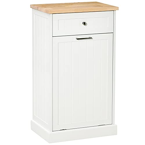 HOMCOM Kitchen Tilt Out Trash Bin Cabinet Free Standing Recycling Cabinet Trash Can Holder with Drawer, White Oak