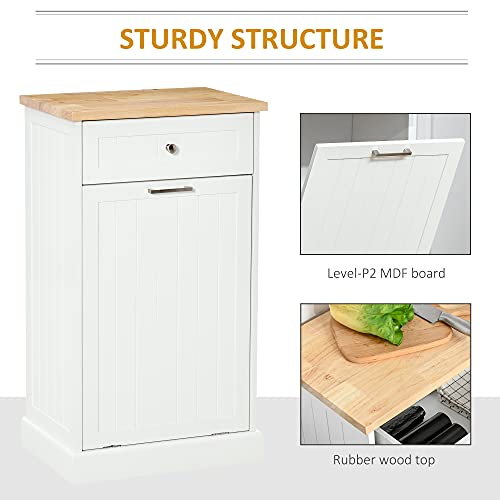 HOMCOM Kitchen Tilt Out Trash Bin Cabinet Free Standing Recycling Cabinet Trash Can Holder with Drawer, White Oak