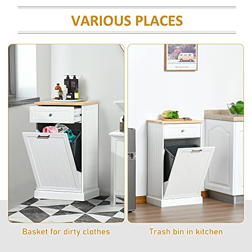 HOMCOM Kitchen Tilt Out Trash Bin Cabinet Free Standing Recycling Cabinet Trash Can Holder with Drawer, White Oak