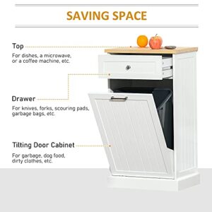 HOMCOM Kitchen Tilt Out Trash Bin Cabinet Free Standing Recycling Cabinet Trash Can Holder with Drawer, White Oak